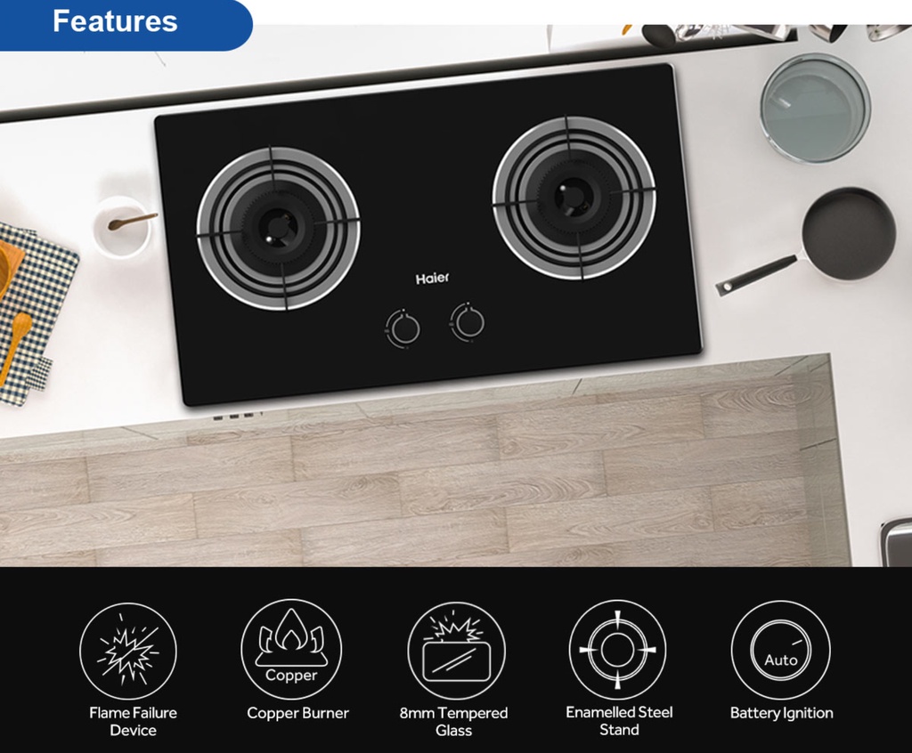 Haier 2 Burner Built-In Glass Gas Cooker Hob HC-XG230NE | Seng Huat