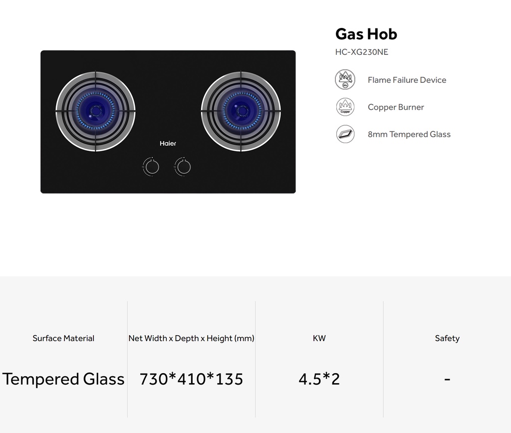 Haier 2 Burner Built-In Glass Gas Cooker Hob HC-XG230NE | Seng Huat