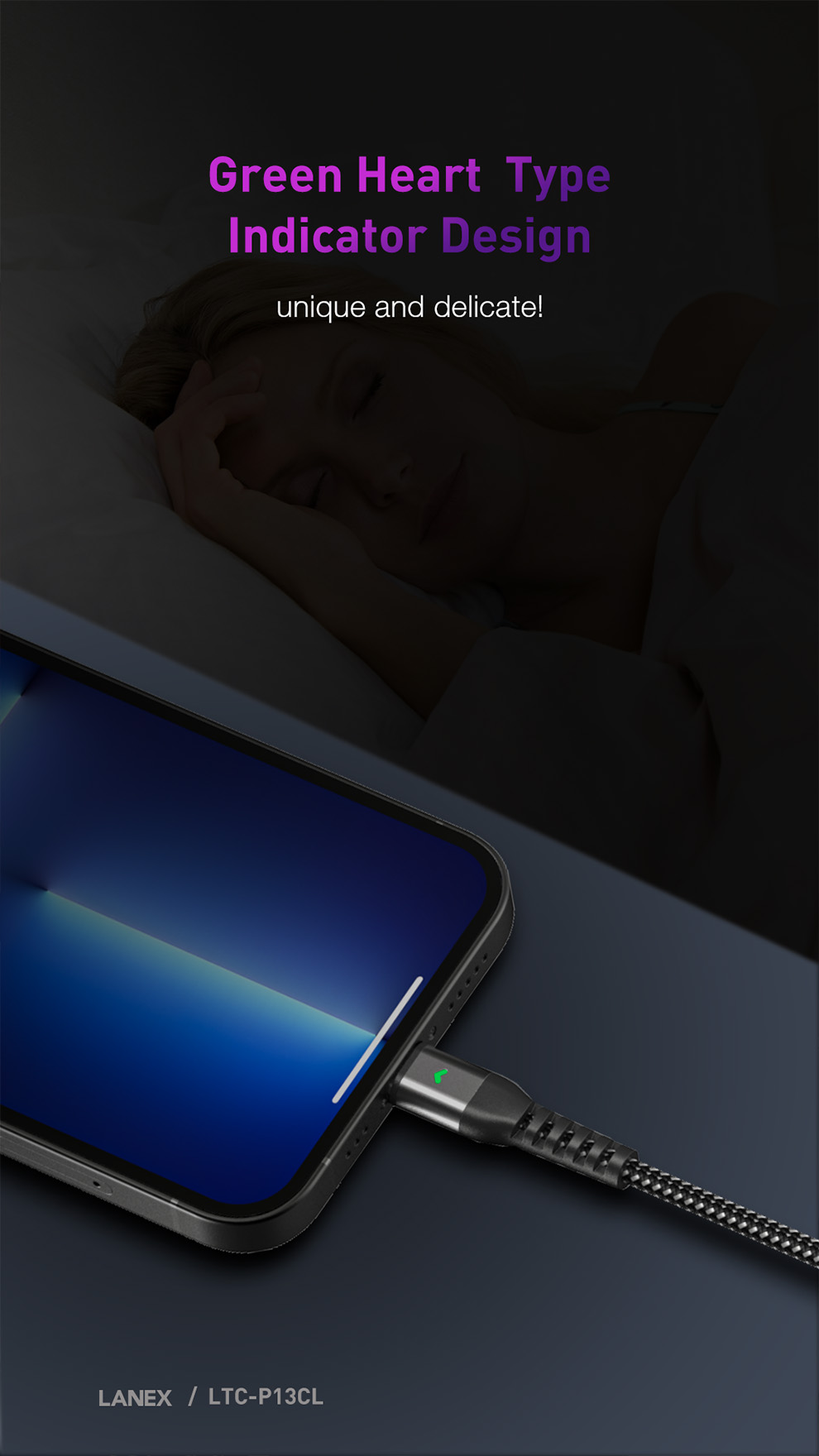 LANEX LTC_P13CL PD Type-C To Lightning Cable With Green Heart LED ...