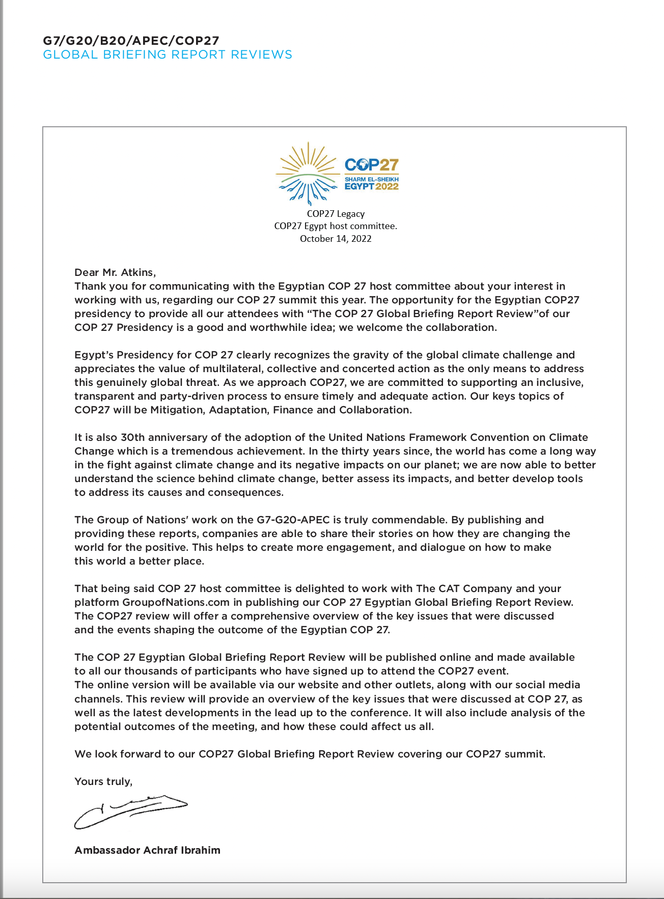 Official COP27 Authorised Letter. - Group of Nations // G7 & G20