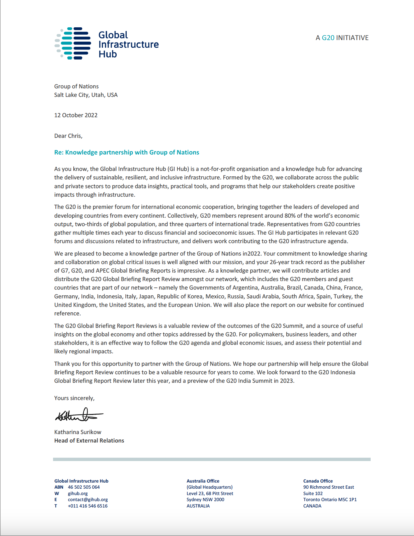 Global Infrastructure Hub Official letter - Group of Nations // G7 & G20