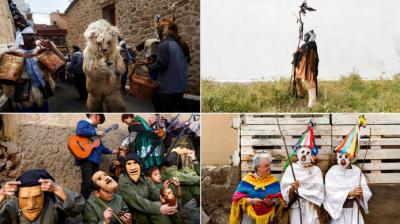 Spaniards parade the street celebrating traditional mask festival
