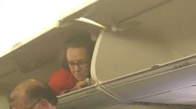 Passenger spots flight attendant inside overhead bin; see pics
