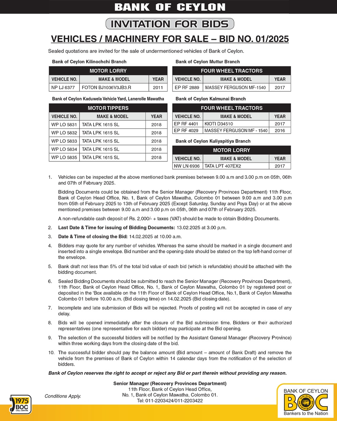 BOC Vehicles & Machinery for Sale – Bid No. 01/2025 | Bank of Ceylon ...